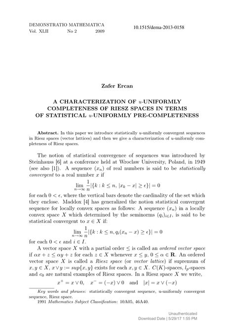 Pdf A Characterization Of U Uniformly Completeness Of Riesz Spaces In Terms Of Statistical U