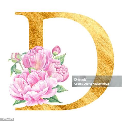 수채화 골드 영어 알파벳입니다 모란 장미 식물 꽃 가지 꽃다발 구성입니다 청첩장 베이비 샤워 생일 카드 모노그램 로고 디자인을 위한 예술 흰색 바탕에 편지 D 0명에 대한