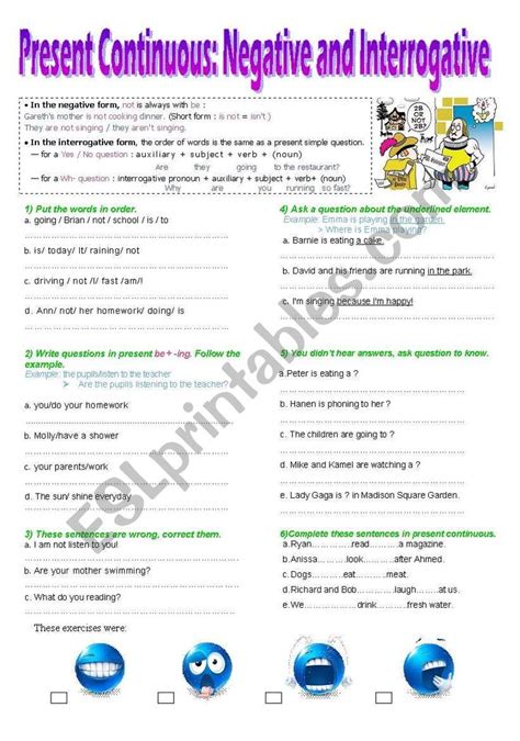 Present Continuous Negative And Interrogative Form Worksheet