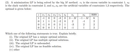 Solved 2 A Minimization Lp Is Being Solved By The Big M