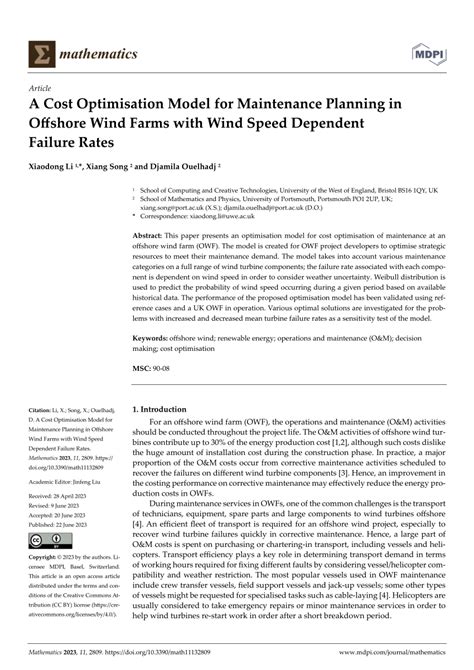Pdf A Cost Optimisation Model For Maintenance Planning In Offshore Wind Farms With Wind Speed
