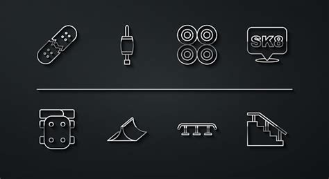 세트 라인 깨진 스케이트보드 데크 무릎 패드 스케이트보드 레일이 있는 계단 공원 드라이버 바퀴 아이콘 벡터 거리에 대한 스톡 벡터 아트 및 기타 이미지 Istock