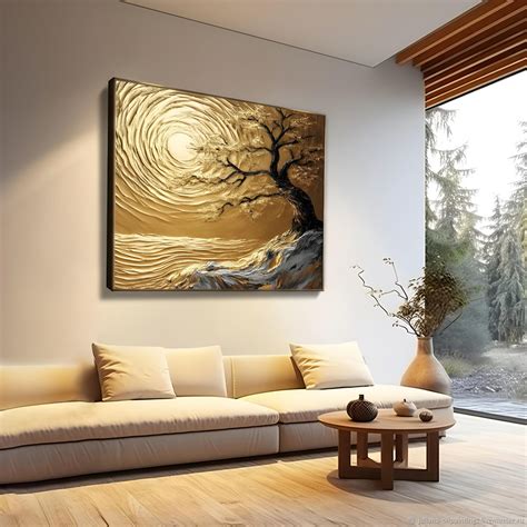 Интерьерная картина текстурная Дерево на закате Золотая картина маслом ...