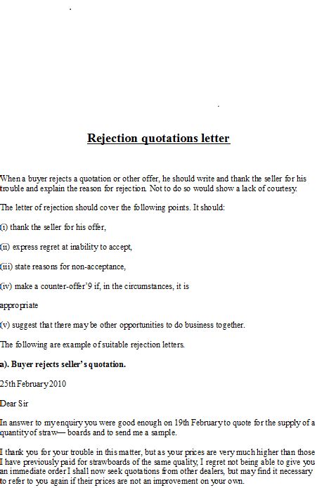 Business Letter Samples Rejection Quotations Letter