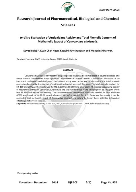 Pdf In Vitro Evaluation Of Antioxidant Activity And Total Phenolic Content Of Methanolic