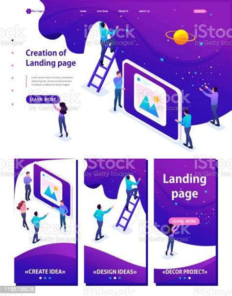 아이소메트릭 웹 사이트 서식 파일 방문 페이지 개념 개발 및 웹 사이트 작은 남자의 창조 적응형 3d 개발에 대한 스톡 벡터 아트 및 기타 이미지 Istock