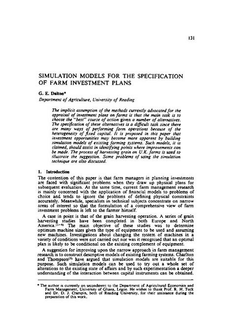Pdf Simulation Models For The Specification Of Farm Investment Plans