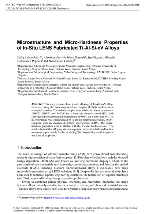 Pdf Microstructure And Micro Hardness Properties Of In Situ Lens Fabricated Ti Al Si Xv Alloys