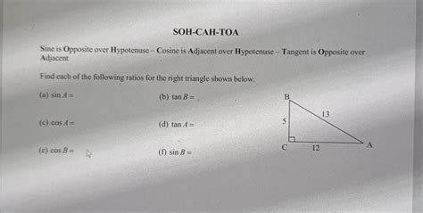 Solved Soh Cah Toasine Is Opposite Over Hypotenuse ﻿cosine