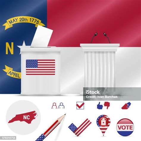 노스 캐롤라이나 대통령 선거 벡터 플래그 투표함 연사의 연단 지도 및 투표 아이콘 세트 3차원 형태에 대한 스톡 벡터 아트 및 기타 이미지 Istock