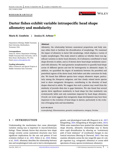 Pdf Darter Fishes Exhibit Variable Intraspecific Head Shape Allometry