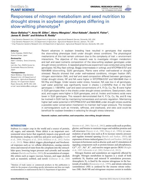 Pdf Responses Of Nitrogen Metabolism And Seed Nutrition To Drought Stress In Soybean Genotypes