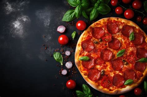 Delicious Pepperoni And Basil Pizza On Black Surface Tasty Pepperoni
