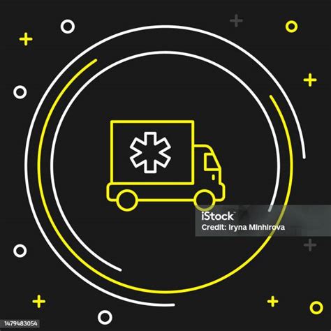 라인 구급차와 응급 자동차 아이콘은 검은 배경에 고립되어 있습니다 구급차 차량 의료 후송 다채로운 개요 개념입니다 벡터 1위에