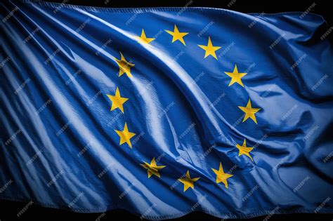 유럽 연합 국기 그림 진한 파란색 배경에 있는 노란색 금색 별의 원형 고리 Eu 기호 플래그 별 원의 위치는 유럽 국가 연합의 표시입니다 프리미엄 사진