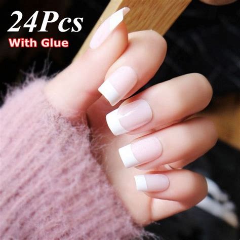 24pcs Natural French Short False Nails Acrylic Classical Full Cover