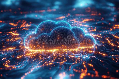 Digital Visualization Of Cloud Computing With Glowing Technology Symbols And Circuits Stock