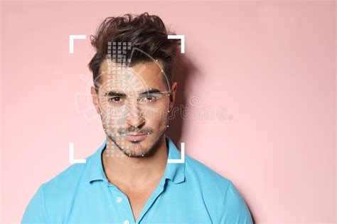 Facial Recognition Mature Man With Digital Biometric Grid On Grey Background Stock Illustration