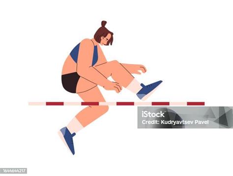 높이뛰기 운동 벡터 플랫 일러스트레이션 여자는 장벽을 통해 높이뛰기를 수행하고 만화 스포츠우먼은 움직인다 득점타에 대한 스톡 벡터 아트 및 기타 이미지 Istock