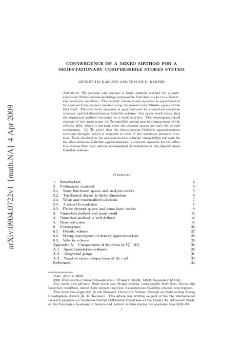 Pdf Convergence Of A Mixed Method For A Semi Stationary Compressible Stokes System