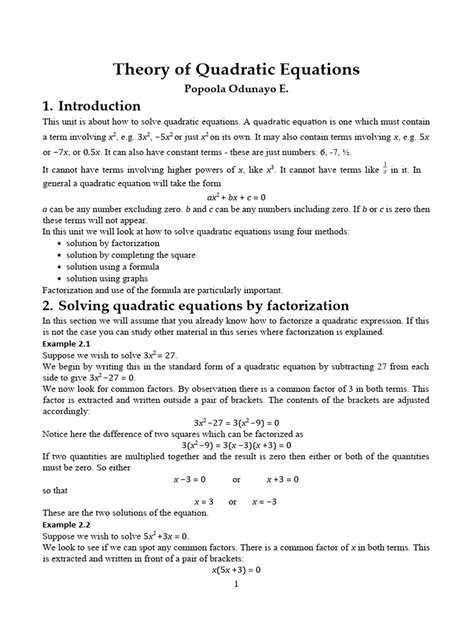 Theory Of Quadratic Equation Lecture Material Download Free Pdf