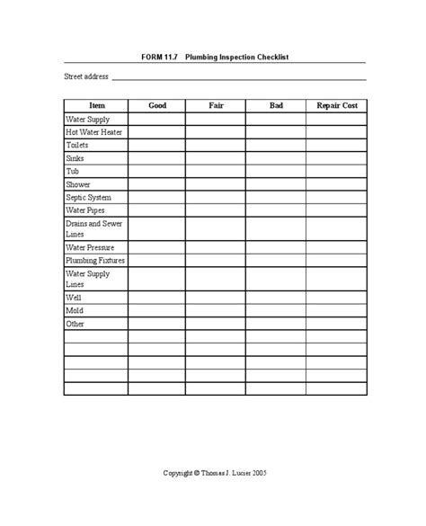 Printable Plumbing Inspection Checklist Form Printable Forms Free Online