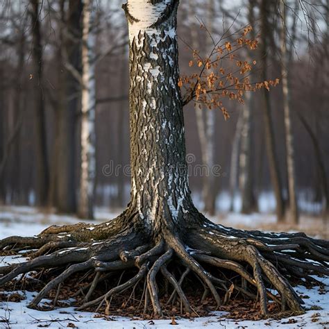 Majestic Birch Tree Trunk Features Rough Bark And Strong Sprawling
