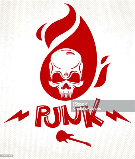 불꽃 하드 록 음악 벡터 로고 또는 엠블럼 화재 로큰롤 레이블에 공격적인 두개골 죽은 머리 펑크 축제 콘서트 또는 클럽 악기 가게 또는 녹음 스튜디오에서 두개골 경계 표지에