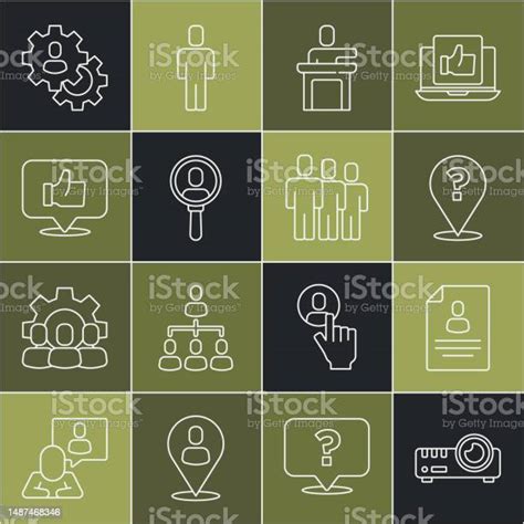 라인 미디어 프로젝터 이력서 물음표 스피커 사람 검색 손 좋아하기 헤드 헌팅 및 사용자 그룹 아이콘을 설정합니다 벡터 개념에