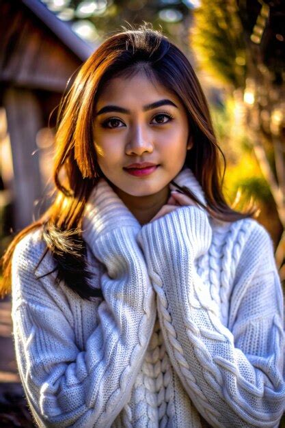 Beautiful Indonesian Girl In White Sweater Premium Ai Generated Image