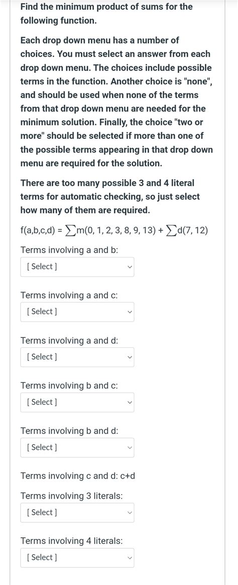 find the minimum product of sums for the following