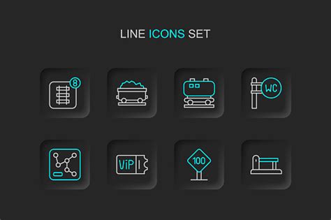 철도 철도 트랙 속도 제한 교통 표지판 100km 기차표 지도 화장실 석유 철도 저수조 석탄 기차 마차 및 온라인 예약 아이콘을 설정합니다 벡터 0명에 대한 스톡 벡터 아트
