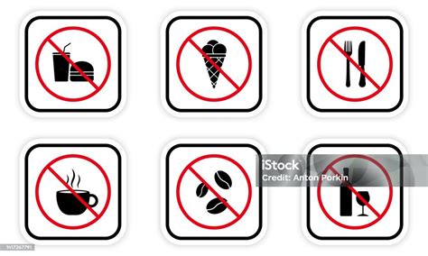 금지 된 음료 코피 티 픽토그램 세트를 먹는다 금지 알코올 블랙 실루엣 아이콘 건강에 해로운 음식 레드 스톱 기호 음료 표지판이있는 입장은 허용되지 않습니다 아이스크림 금지