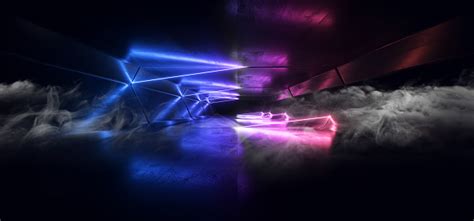 연기 미래 네온 조명 레이저 보라색 파란색 빛나는 현대 복고풍 공상 과학 소설 우아한 우주선 클럽 밤 어두운 차고 지하 그런지 콘크리트 반사 추상 빔 3d 렌더링 초현대적에