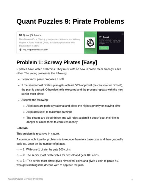 Quant Puzzles 9 Pirate Problems Pdf Applied Mathematics Algorithms