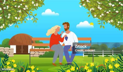 공원의 벤치에서 휴식을 취하는 젊은 부부 야외에서 함께 시간을 보내는 행복한 사랑 사람들 감정에 대한 스톡 벡터 아트 및 기타 이미지 감정 공원 공원 벤치 Istock