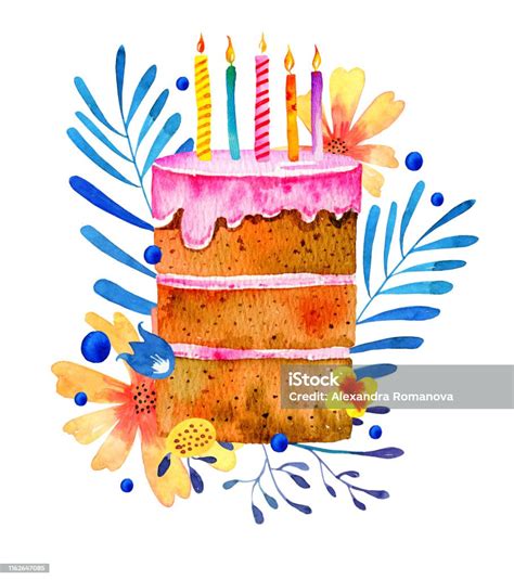 배경에 촛불과 양식에 일치시키는 식물생일 케이크 손으로 그린 만화 수채화 스케치 일러스트 생일 케이크에 대한 스톡 벡터 아트 및