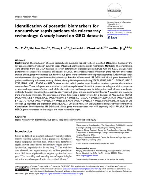 Pdf Identification Of Potential Biomarkers For Nonsurvivor Sepsis Patients Via Microarray