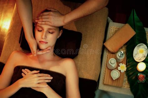 Caucasian Woman Enjoying Relaxing Anti Stress Head Massage Quiescent
