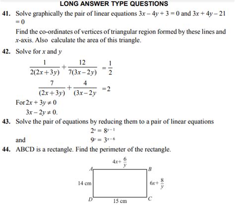 WORKSHEET CLASS X PAIR OF LINEAR EQUATIONS IN TWO VARIABLES UNIQUE STUDY POINT