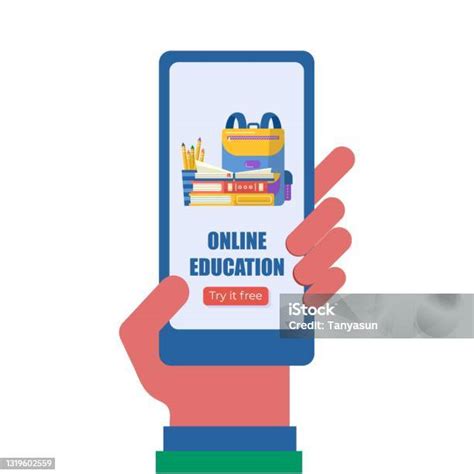 온라인 교육 개념에 대 한 응용 프로그램과 함께 휴대 전화를 들고 학교 프로모션으로 돌아가기위한 책과 지구 배너 초대 방문 페이지에 대한 벡터 템플릿입니다 베크로 개념에