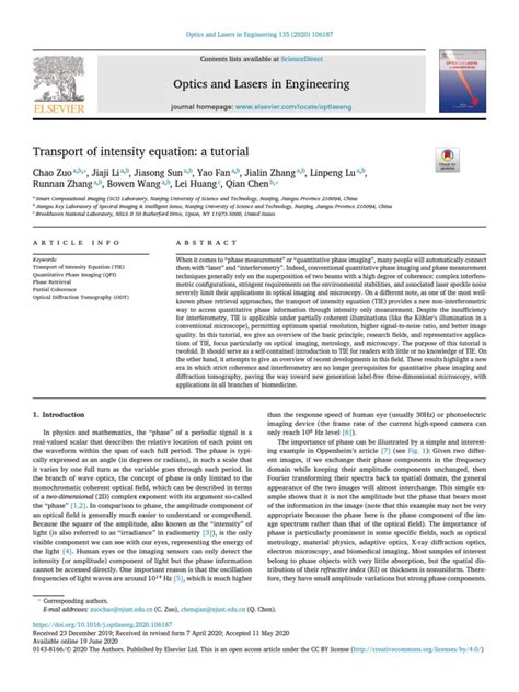 Transport Of Intensity Equation A Tutorial Pdf Interferometry Microscopy