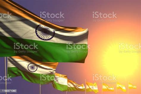 멋진 많은 인도 플래그는 콘텐츠에 대한 장소와 일몰에 대각선 배치 어떤 휴일 플래그 3d 그림 0명에 대한 스톡 사진 및 기타 이미지 Istock
