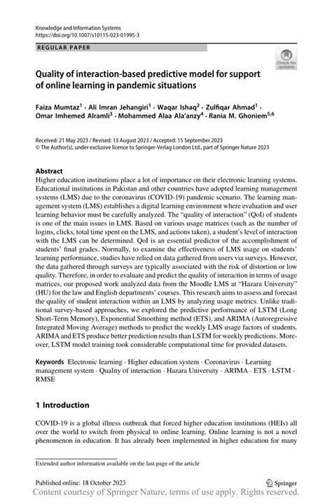 Quality Of Interaction Based Predictive Model For Support Of Online