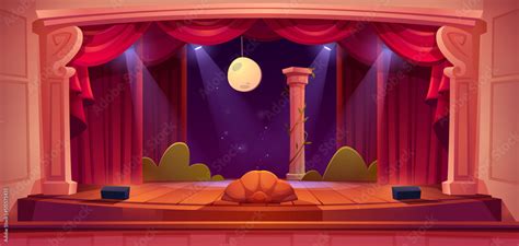 Theater Stage Empty Scene With Red Curtains Spotlights And Decoration