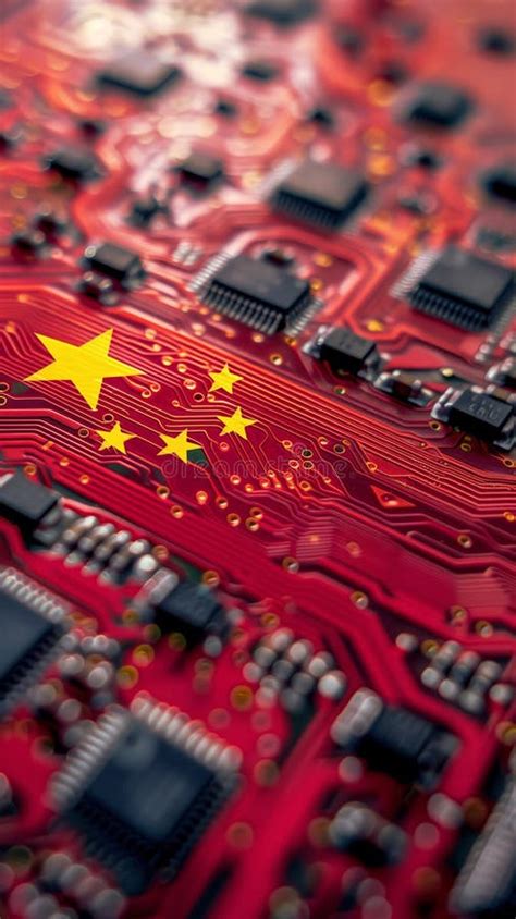 A Glimpse Of China S Technological Advancement Microchip Circuitry With The National Flag Stock