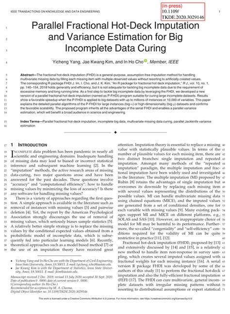 Pdf Parallel Fractional Hot Deck Imputation And Variance Estimation For Big Incomplete Data Curing