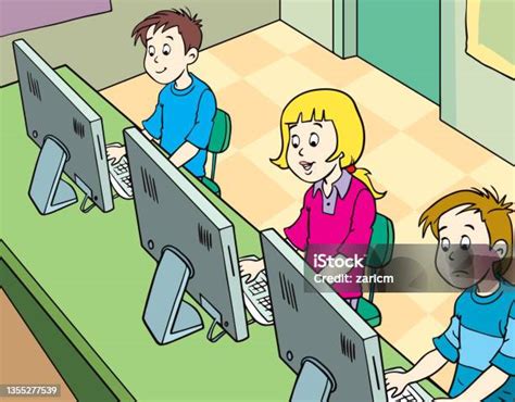 정보학 및 프로그래밍 수업 세트의 학교 어린이 컴퓨터에서 작업하는 아이들 로봇 공학 학습 및 프로그래밍 벡터 일러스트레이션 일함에 대한 스톡 벡터 아트 및 기타 이미지