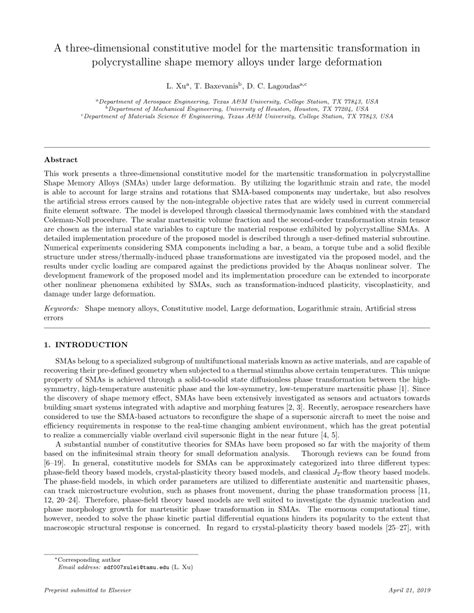 Pdf A Three Dimensional Constitutive Model For The Martensitic Transformation In