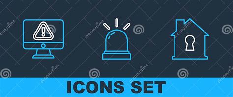 Set Line House Under Protection Monitor With Exclamation Mark And Motion Sensor Icon Vector